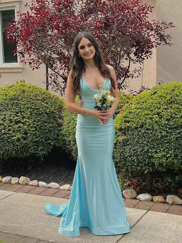 V Neck Mermaid Satin Long Prom Dress with Side Cutouts - Bmbride – BMBRIDE
